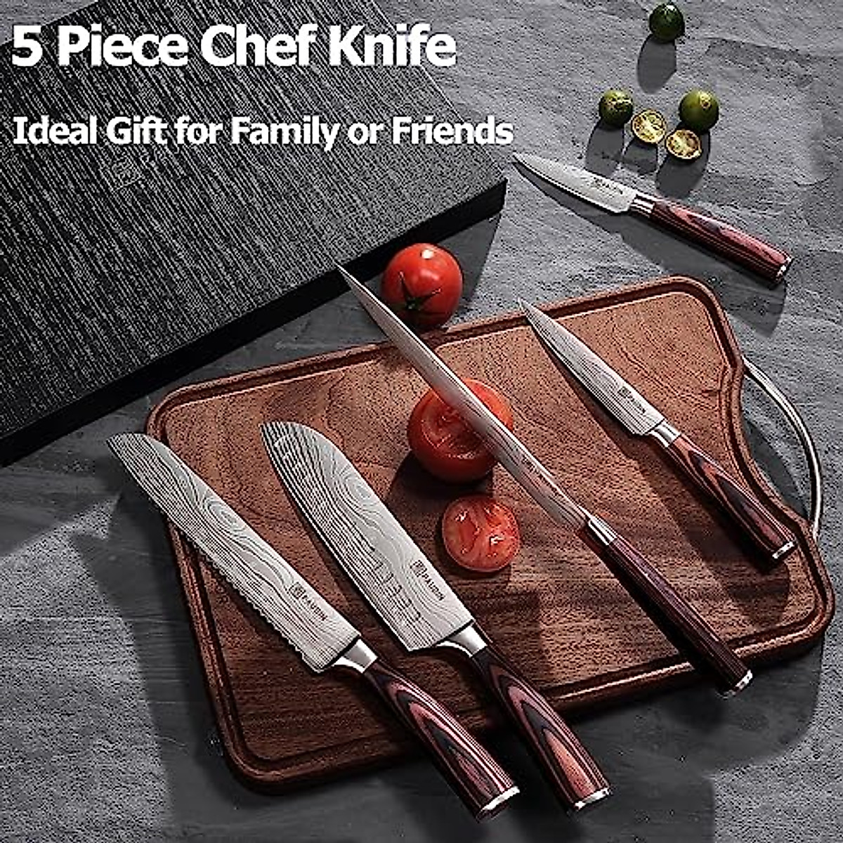 PAUDIN Kitchen Knife Set, Ultra Sharp Knife Set with Pakkawood Handle, High Carbon Stainless Steel Knives Set for Kitchen, 5 Piece Chef Knife Set Come with Gift Box