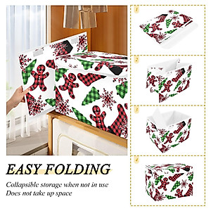 Christmas Storage Baskets Collapsible Storage Bins with Lids, Buffalo Plaid Checkered Christmas Stockings Snowflakes Gingerbread Men and Christmas Trees Storage Boxes Clothes Baskets for Organizing