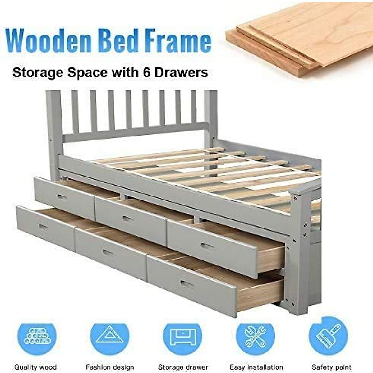 Merax Platform Storage Bed Solid Wood Bed with 6 Drawers Twin Size