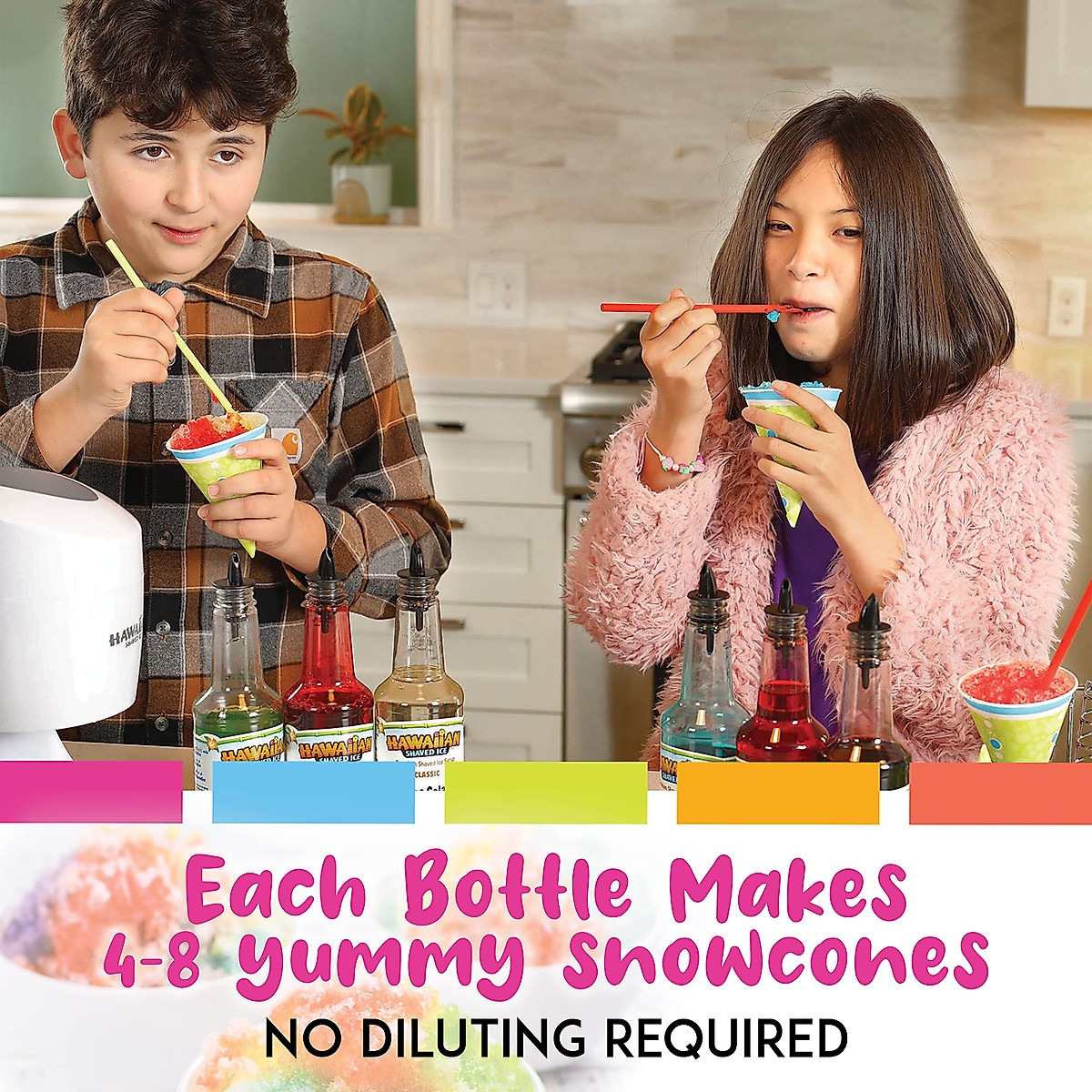 Hawaiian Shaved Ice Syrup Assortment with 10 - 16oz Bottles, 50 Snow Cone Cups, 50 Spoon Straws, and 10 Pouring Spouts. Flavors include: Tiger’s Blood, Pina Colada, Blue Raspberry, Cherry, Lemon-Lime