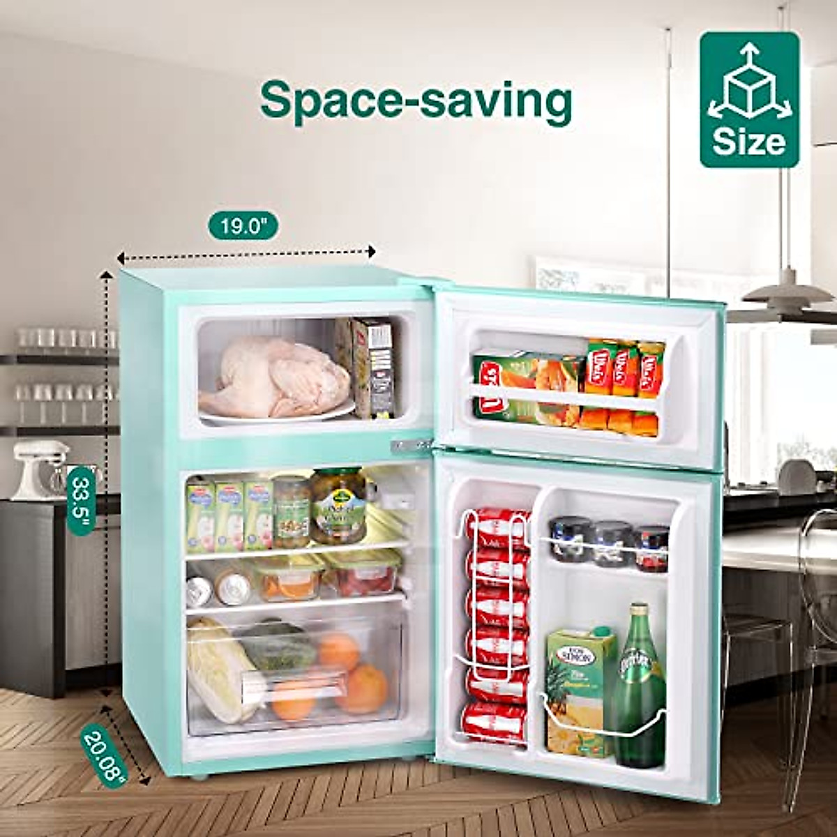 Havato 3.2 Cu.Ft Mini fridge with Freezer, Double Door Compact Refrigerator, Retro Mini Refrigerator for Dorm, Office, Bar, RV, Bedroom, (Green)