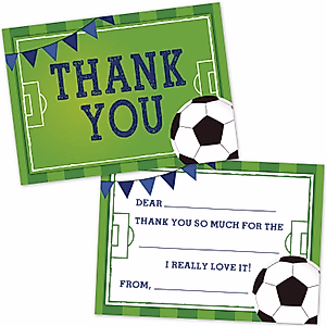 Old Blue Door Invites Soccer Fill in the Blank Thank You Cards for Kids (20 Count with Envelopes) - Soccer Party Supplies for Boys and Girls - Thank You Notes