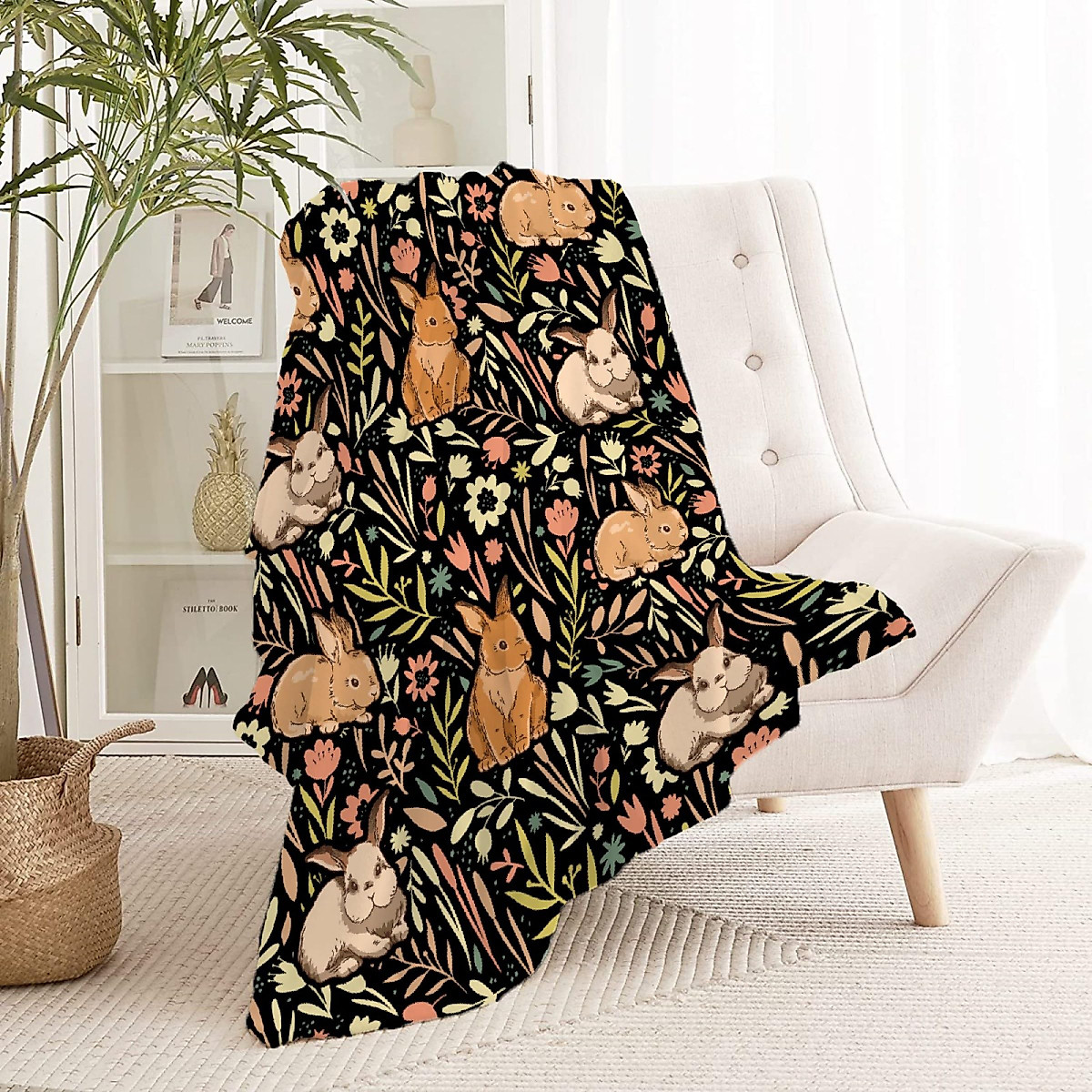 Vajrayogini Cartoon Rabbit Floral Blanket Print Soft Lightweight Warm Cozy Plush for Bedding Couch Practical Gift Universal M 50*60 in for Teen/Travel