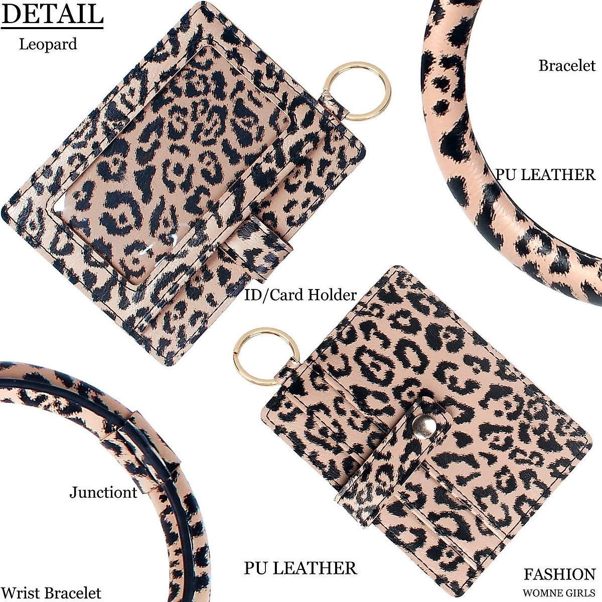 BIHRTC Wristlet Bracelet Keychain Card Holder Key Bangle PU Leather Wristlet Keyring Bracelets Tassel Keychain Round Key Ring with Charpstick Holder for Girls Leopard