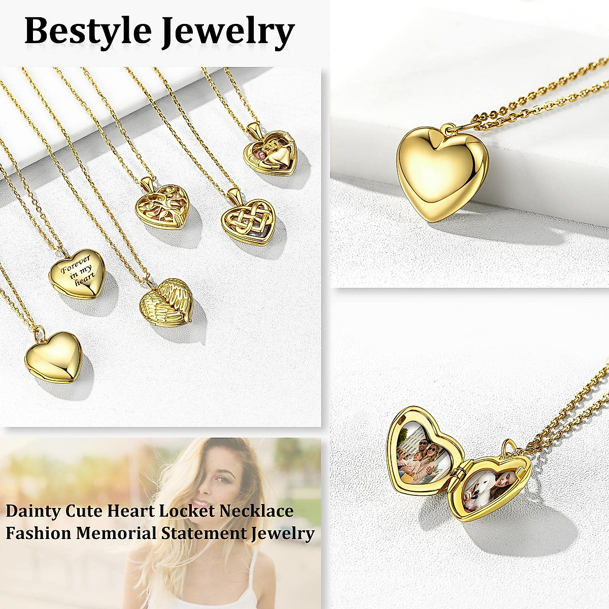 Bestyle High Polish Silver Gold Heart Locket Necklaces for Women, Minimalist 18K Gold Plated Heart Locket Pendant Charm That Hold Pictures Cute Love Heart Necklace Statment Jewelry for Wife