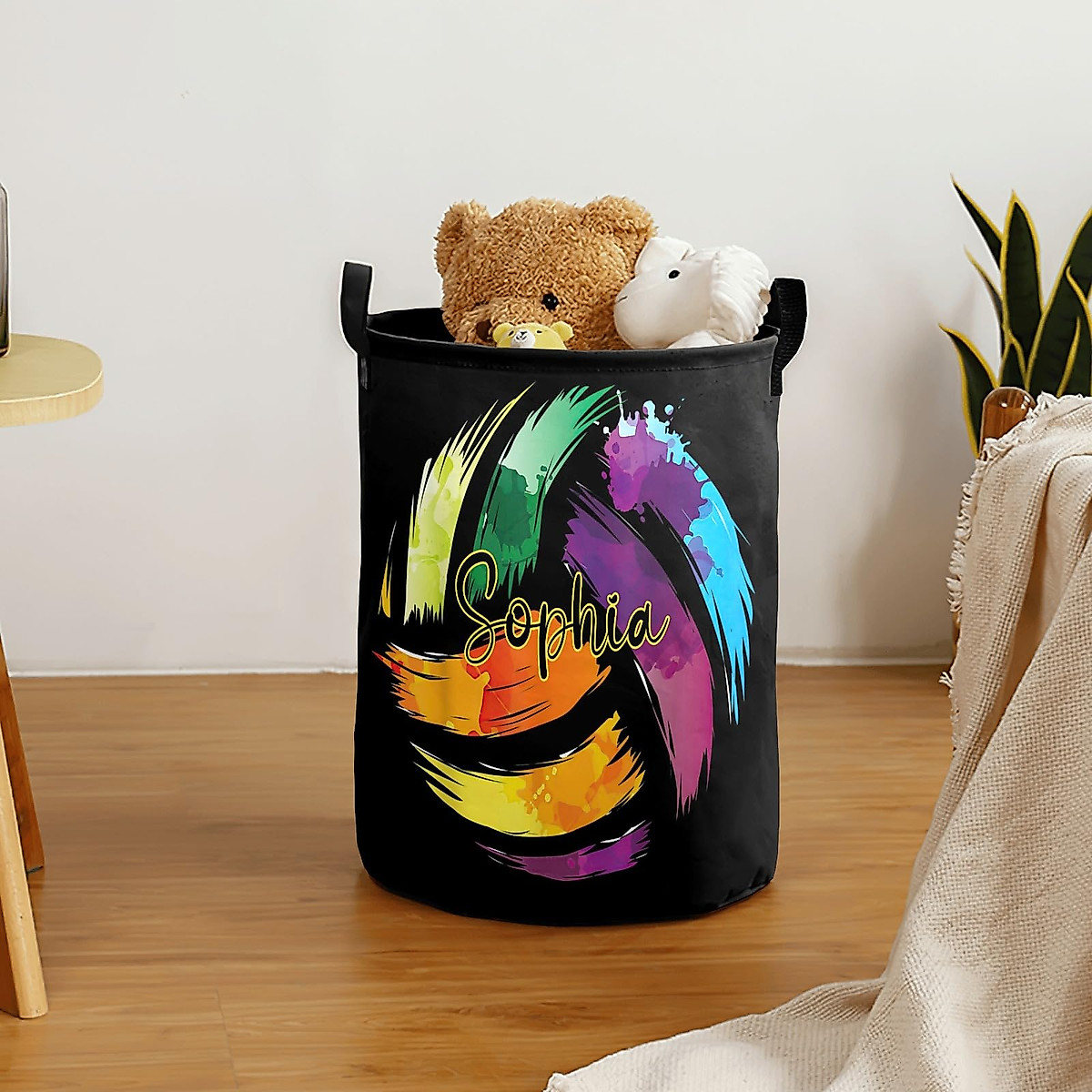 Personalized Watercolor Colors Volleyball Waterproof Laundry Basket Handles Collapsible Hamper Storage Basket for Office Bathroom