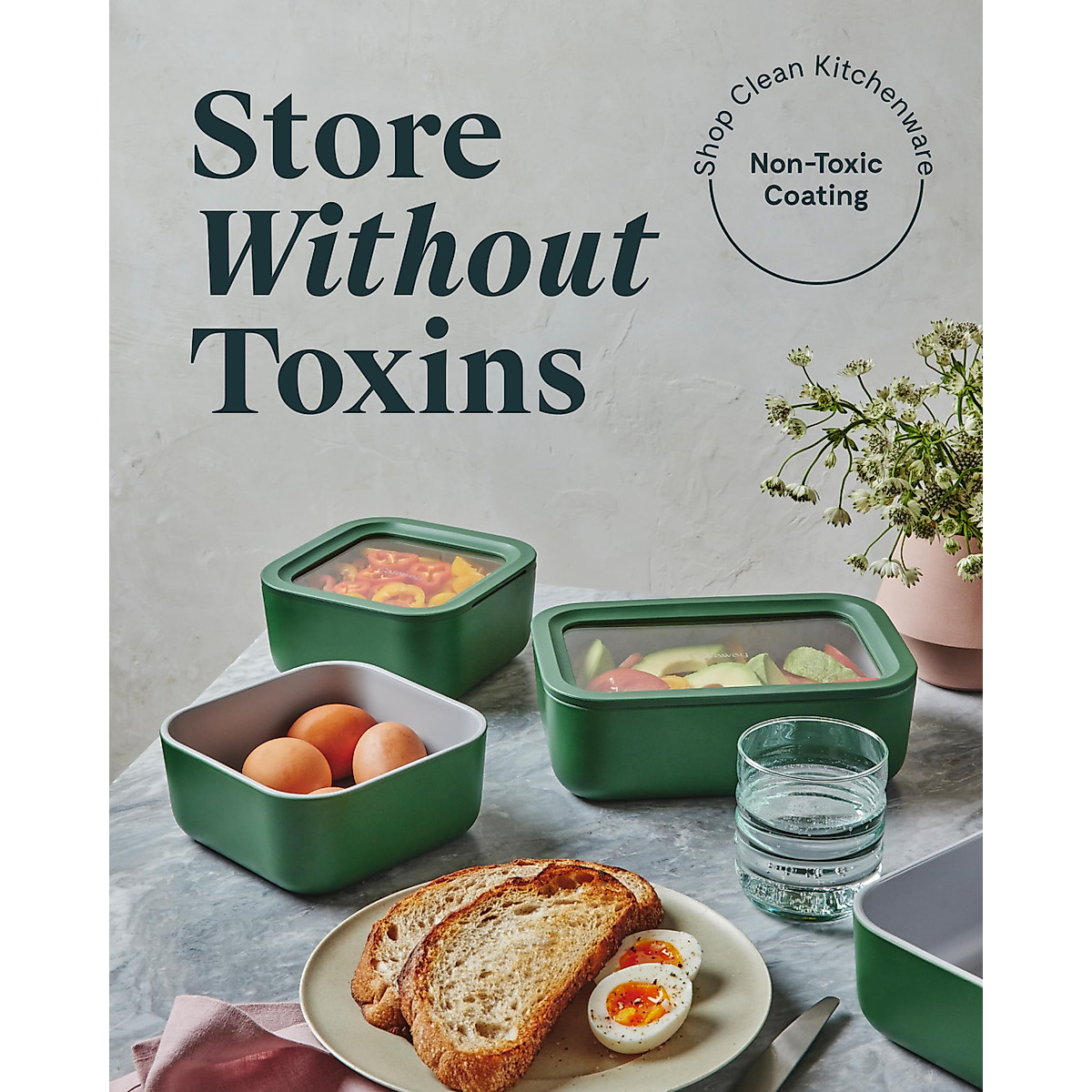 Caraway 2pc Glass Food Storage Set - 4.4 Cup Food Containers (2) - Ceramic Coated - Non Toxic, Non Stick Lunch with Lids - Dishwasher, Oven, & Microwave Safe - Navy