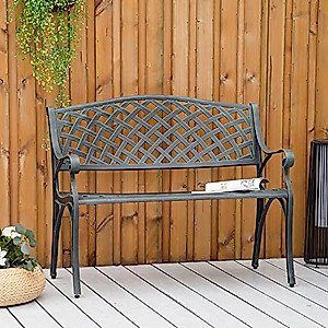 Outsunny Metal Garden Bench for Front Porch, Loveseat Like 2 Person, Armrests, Copper Color Cast Aluminum, Weaving Latticework Outdoor Furniture, Verdigris Green