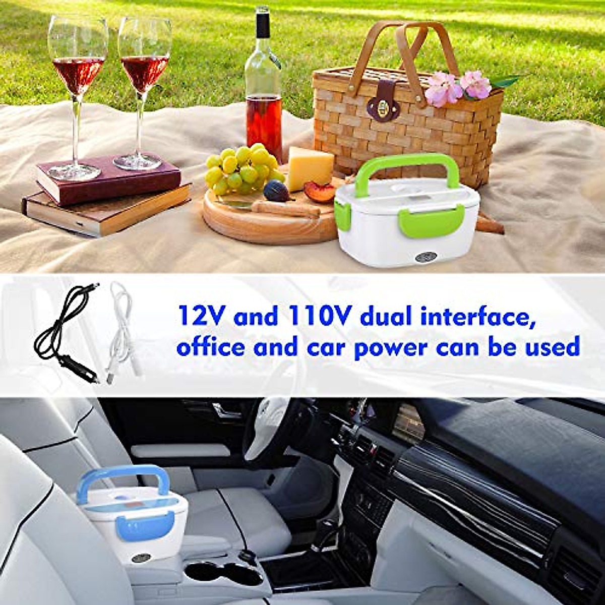 Electric Lunch Box for Car and Home 110V & 12V 40W - Removable Stainless Steel Portable Food Grade Material Warmer Heater - with 2 in 1 Fork & Spoon (Green)