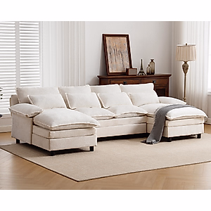 Siiejia U Shape Cloud Couch, 4 Seats Comfy Sectional Sofa Couches for Living Room, Modular Chenille Sofas with Double Reversible Chaise for Spacious Space, Cream