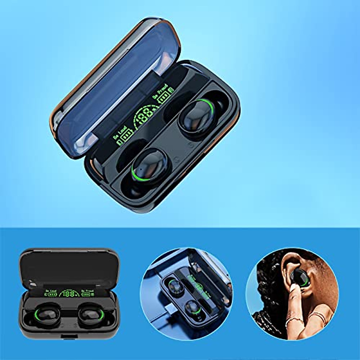 Wireless TWS Earbuds Earphones - Bluetooth 5.1 in-Ear Sports Headphones, IPX5 Waterproof, Finger Control, LED Digital Display Headset with Microphone & Charging Case