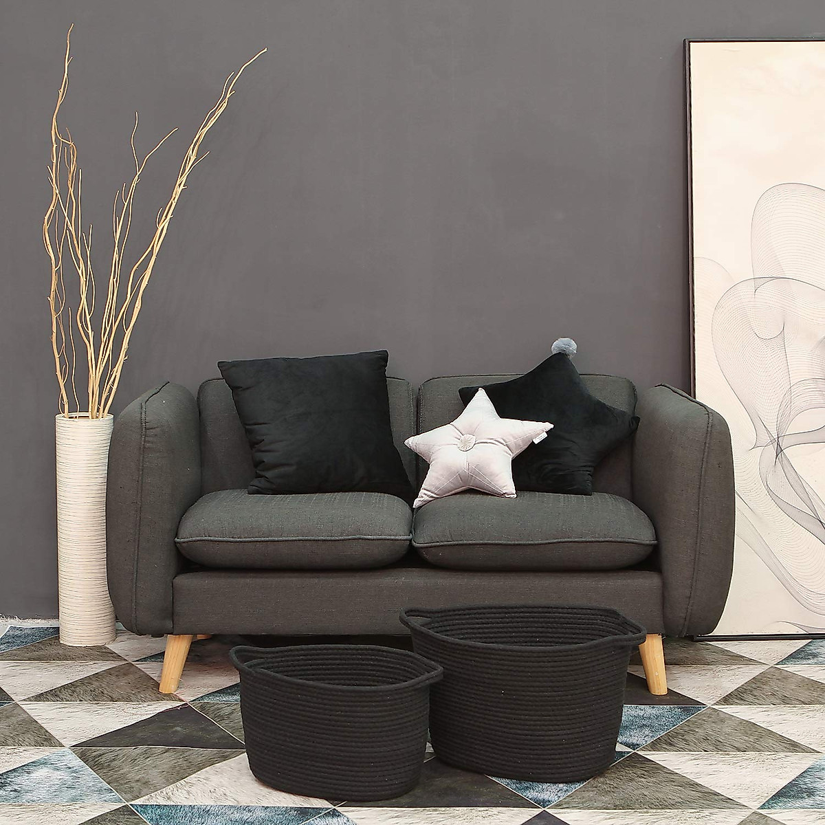 Sea Team Oval Cotton Rope Woven Storage Basket with Handles, Diaper Caddy, Nursery Nappies Organizer, Baby Shower Basket for Kid's Room, 14.2 x 9 x 11.4 Inches (Medium Size, Black)