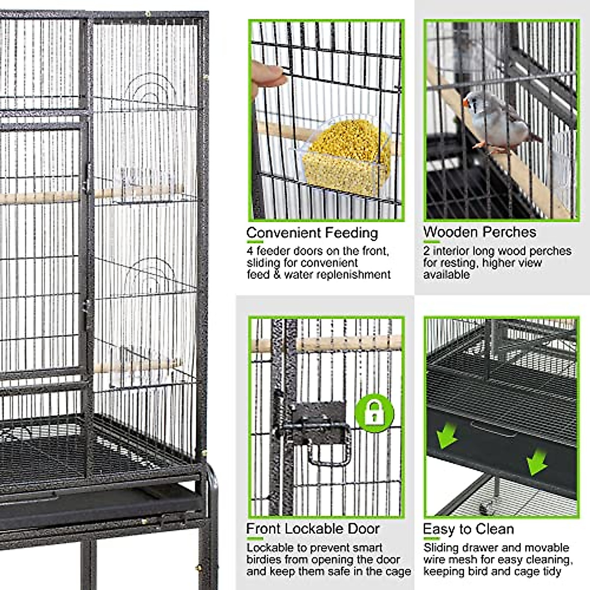 Epetlover 53 Inch Height Wrought Iron Standing Parrot Large Flight Bird Cage with Rolling Stand Birdcages for Parakeet Cockatiel Conure Lovebird Finch Black