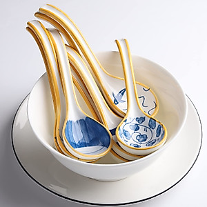 Soup Spoons Ceramic Large Asian Soup Spoon Set of 8 Ramen Spoons Korean Style Long Handle Spoons for Pho Noodles Dumpling Miso Dessert Cereal (Style 1)