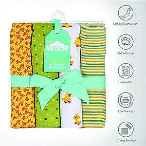 Cuddles & Cribs Baby Receiving Blankets – 100% Cotton Flannel Receiving Blankets - Chicks & Paws - Pack of 4-30 x 30 Inches