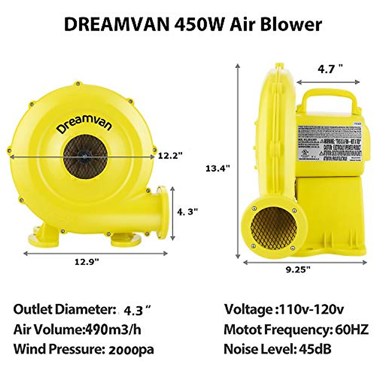 Inflatable Bouncer Blower, Electric Air Blower Fan for Inflatable Bounce House, Jumper, Bouncy Castle(750W 1HP), Commercial Inflatable Blower Bounce House Blower, Convenient to Carry Yellow