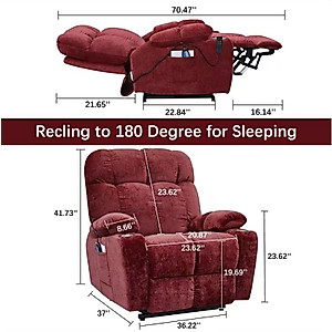 Electric Power Lift Recliner Oversize Chair Dual Motor Vibration Massage Heated Gift Fabric Single Sofa for Elder with Side Pockets Cup Holders for Living Room 180 Degree for Flat Sleeping