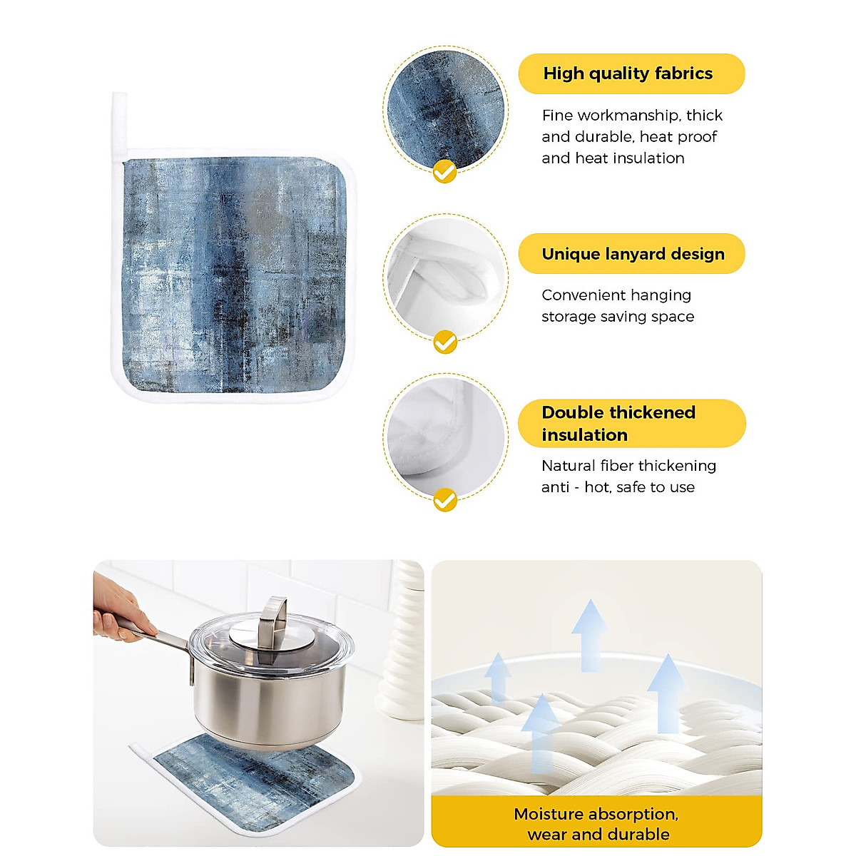 Carosoffe Blue Grey Modern Pot Holders Set of 2 Heat Insulation, Gray Abstract Art Oil Painting Hot Pads & Potholders for Kitchen, Retro Blue Smear Farmhouse Oven Mitts for Baking Cooking Barbecue