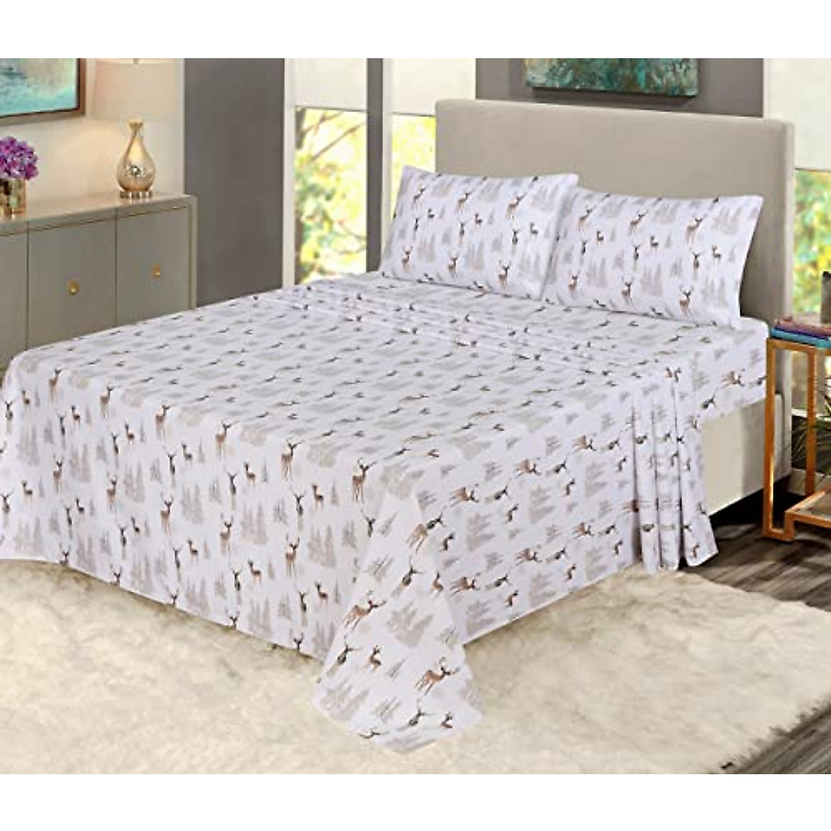 RUVANTI Flannel Sheets King Size - 100% Cotton Brushed Flannel Bed Sheet Sets - Deep Pockets 16 Inches (fits up to 18") - All Seasons Breathable & Super Soft - Warm & Cozy - 4 Pcs - Brown Deer