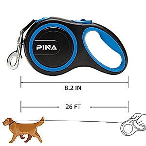 PINA Retractable Dog Leash, 26ft Dog Leash for Small Medium Large Dogs Up to 110lbs, 360° Tangle-Free Strong Reflective Nylon Tape, with Anti-Slip Handle, One-Handed Brake, Pause, Lock - Black Blue