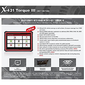 Launch Tech US Version X-431 Torque III Professional Automotive Code Assist Scan Tools, OBD2 Scanner 10.1”inch touch screen Full System Car Diagnostic Scan Tool, Free Update (301190720)