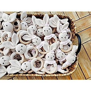 Natural Crochet Teether Toy Rattle for Baby Forest Friends Handmade Amigurumi Crochet Bunny Deer Fox on Natural Wooden Teething Ring Rattle Natural Baby Toys (Girl Bunny)