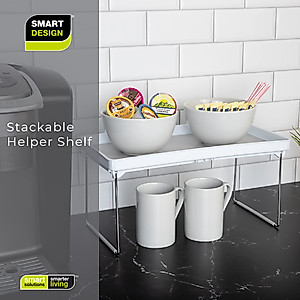Smart Design Stackable Cabinet Shelf - Non-Slip Lining and Feet - BPA Free - Cupboard, Counter, Pantry, Storage, Kitchen Organizer - White with Gray