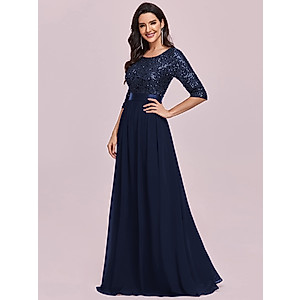 Ever-Pretty Women's Elegant A Line Crew Neck Half Sleeve Sequin Maxi Evening Dress Navy Blue US10