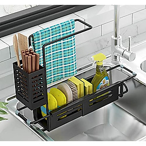 BEENLE 304 Stainless Steel Telescopic Sink Caddy Sponge Holder,Expandable Kitchen Sink Organizer Dish Drainer Rack Sink Tray Brush Soap Holder(14.6''-18.5''), Without Chopstick Holder