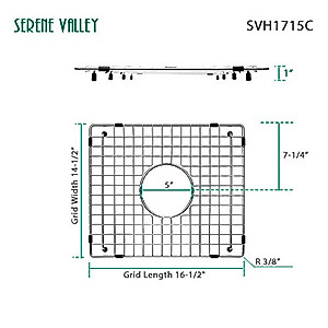 Serene Valley Sink Bottom Grid 16-1/2" X 14-1/2", Centered Drain with Corner Radius 3/8", Sink Protector SVH1715C