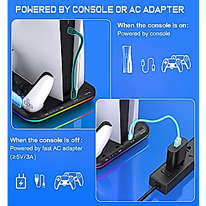 PS5 Stand with 4 Level Cooling Fan and RGB LED, Dual Fast PS5 Controller Charging Station for PS5 Digital/Disc, Accessories Incl. 6 Game Storage, Headset Holder, Dust Baffle