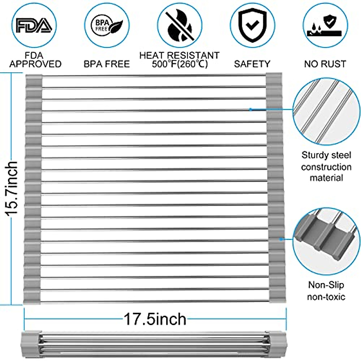 Oliomp Roll Up Dish Drying Rack, 17.5" x 15.7" Over The Sink Stainless Steel Roll-Up Dish Drying Rack Foldable Rolling Dish Drainer Suitable for Dishes,Fruits Vegetables Integrated Sink Drying Rack.