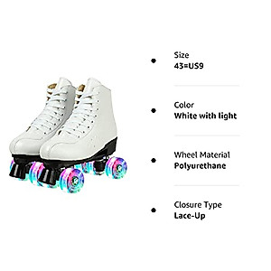 KYIS High-top Roller Skates for Women, Classic Four Wheels Roller Skates with PU Leather Solid Colored Snakeskin Pattern (White with Light,9)