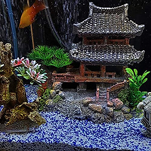 Classical Temple Aquarium Decorations Asian Castle Thematic Safe Resin Ornaments with Plastic Plants Small Fish House Hideout Decor Hiding Places for Freshwater and Saltwater Fish Tank Accessories