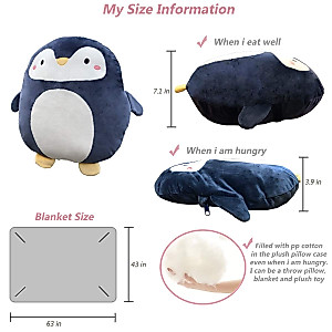 Hofun4U Penguin Plush Pillow 16 Inch, Blanket in Cute Plush Pillow, Panda Stuffed Animal, Girls Boys Gifts for Birthday, Valentine, Christmas, Travel, Holiday