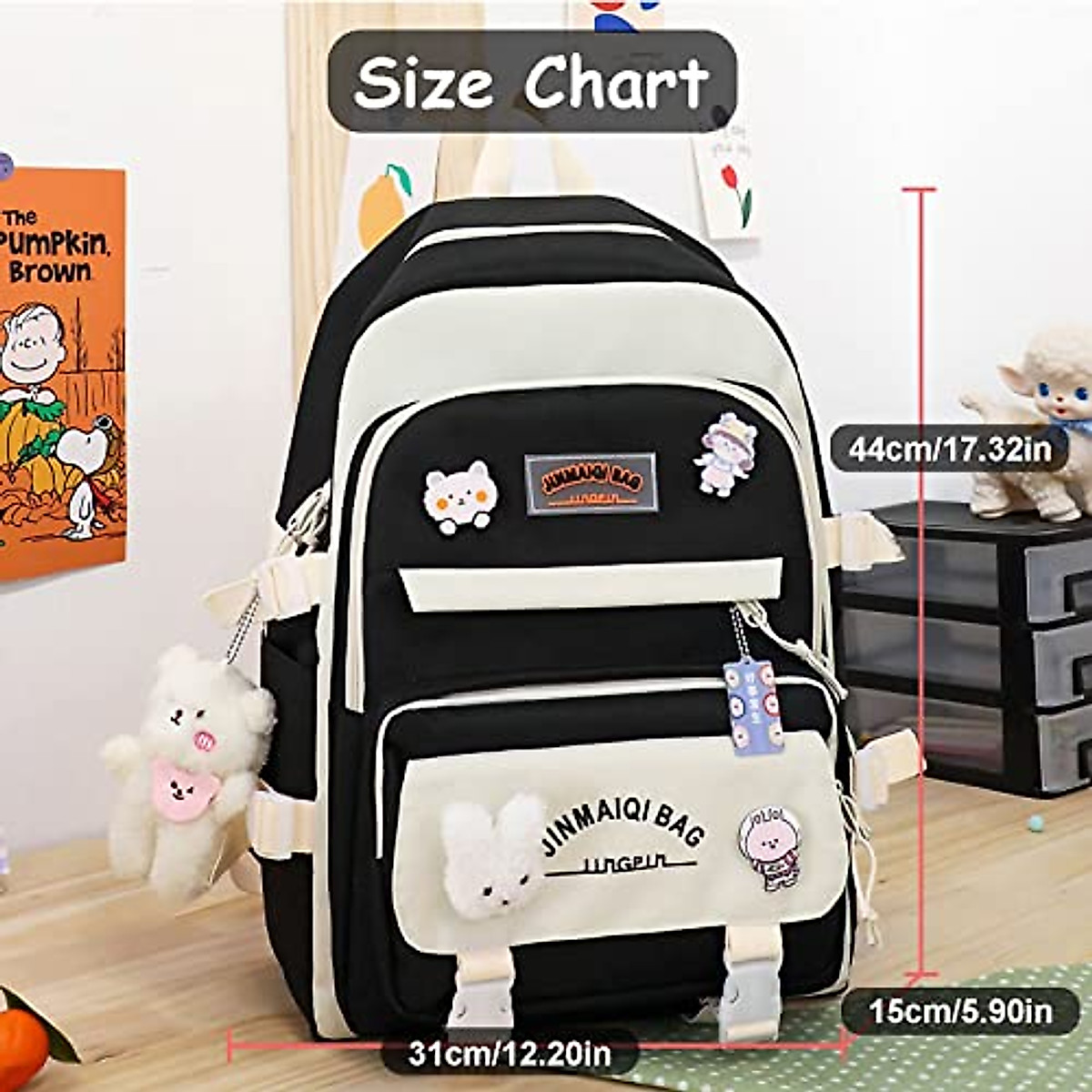 YGYCF Kawaii Backpack 5Pcs Set for Student with Cute Bear Accessories - School Bags for Teen Girls Back to School Supplies Essentials Aesthetic Bookbag, B Black