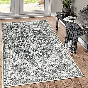 Bsmathom Persian Area Rug 3x5, Non-Slip Throw Small Entryway Rug Kitchen Mat, Low-Pile Non-Shedding Oriental Area Rug for Living Room Bedroom Office (Grey, 3x5Ft)