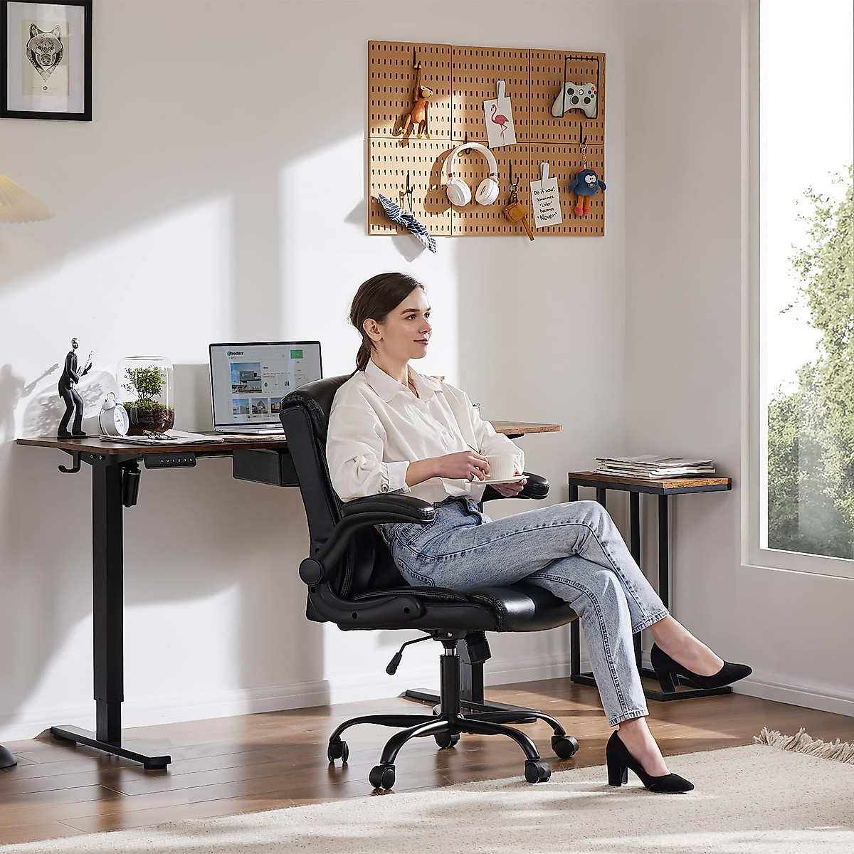 OLIXIS Ergonomic Home Office Desk Chair with Adjustable Flip-up Armrest and PU Leather Low Back Lumbar Support for Adult, Black