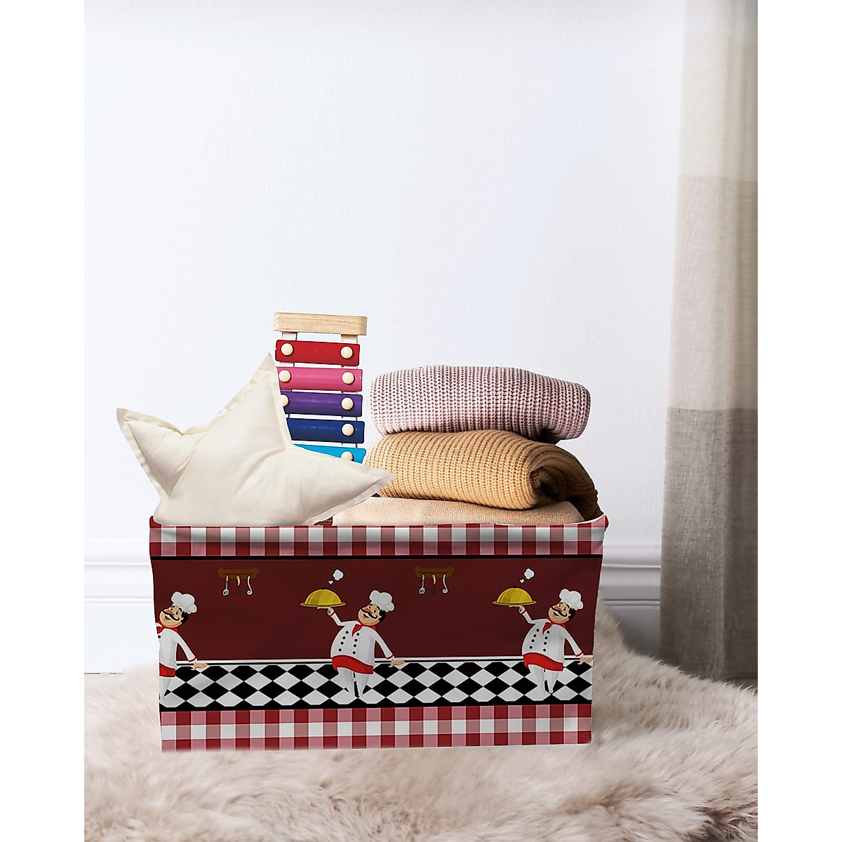 Fat Chef Cube Storage Organizer Bins with Handles, 15x11x9.5 Inch Collapsible Canvas Cloth Fabric Storage Basket, Buffalo Plaid Checked Flag Accessories Books Bin Boxes for Shelves, Closet