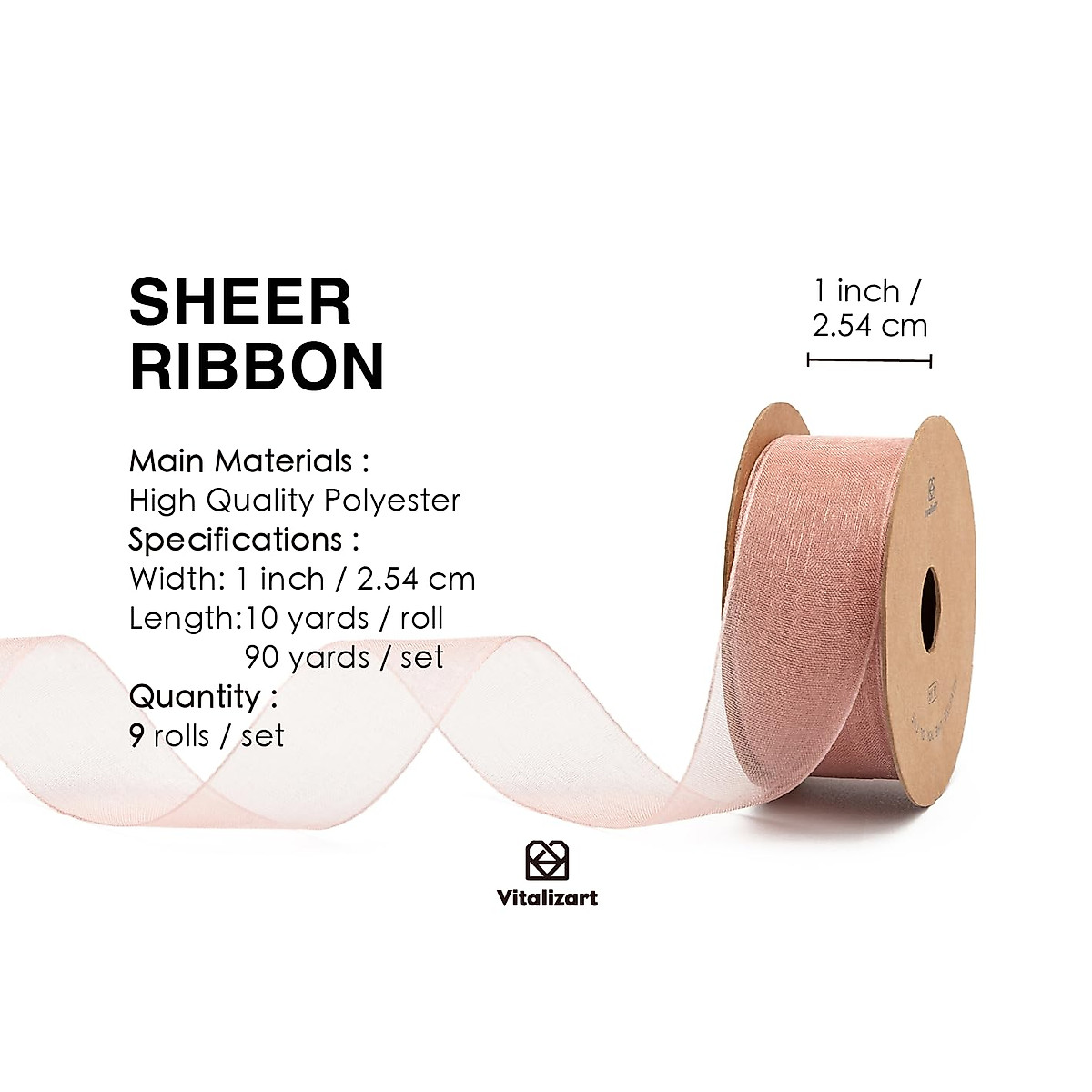 Vitalizart 1" x 90Yd Organza Ribbon Mixed Color Sheer Ribbons Set 10 Yd x 9 Rolls Handmade for Gift Wrapping Christmas Tree Crafts Bows Wedding Invitations Wreaths Wrap