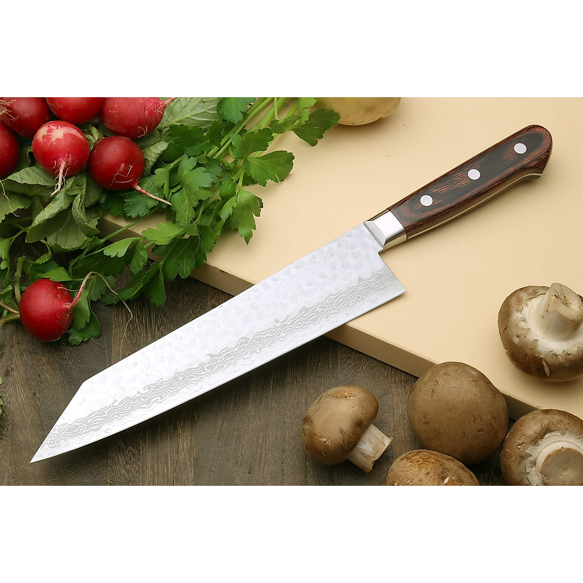 Yoshihiro VG-10 Hammered Damascus Kiritsuke Sword Tip Multipurpose Japanese Chef Knife 8.25 inch - Western Style Mahogany Handle