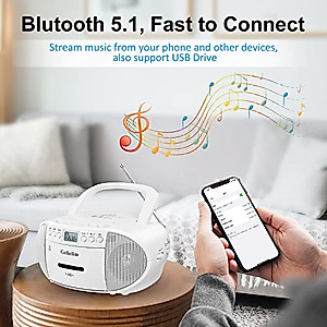 Gelielim CD and Cassette Player Combo, Portable Boombox AM/FM Radio, Tape Recording, 5.1V Bluetooth Speaker, USB Playback with Earphone Jack, Remote Control, AC/Battery Powered, for Home,Senior,Child