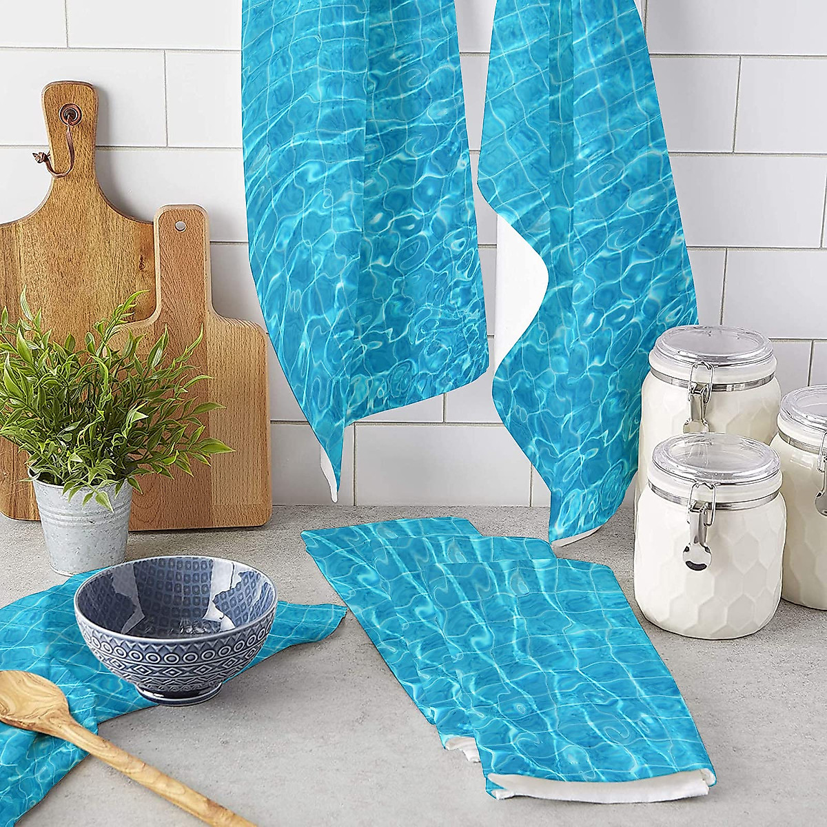 Kitchen Towels Set Swimming Pool Dish Towel Clean Water Wave Blue Summer Dishcloths 4 Pack, 18x28 Inches Absorbent Soft Cotton Dish Cloths Bar Towels & Tea Towels