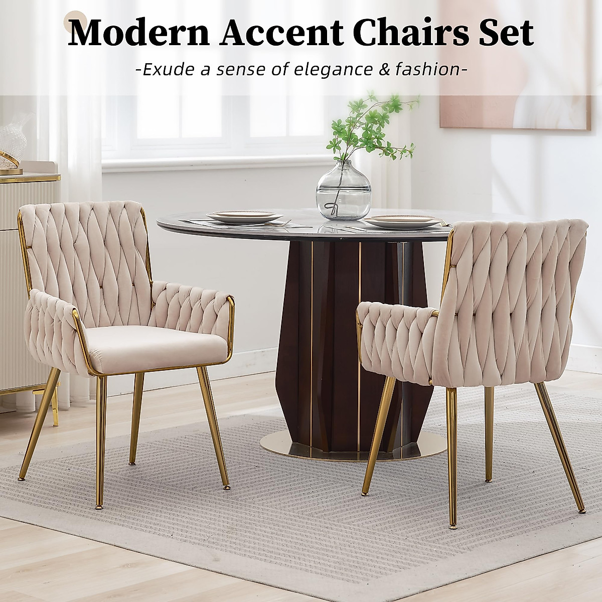 ABET Velvet Desk Chair 1PC, Modern Woven Armchair with Gold Metal Legs & Armrest, Comfy Upholstered Vanity Makeup Chair for Teen Girls & Women, Cute Office Chair for Bedroom, Living Room,Beige