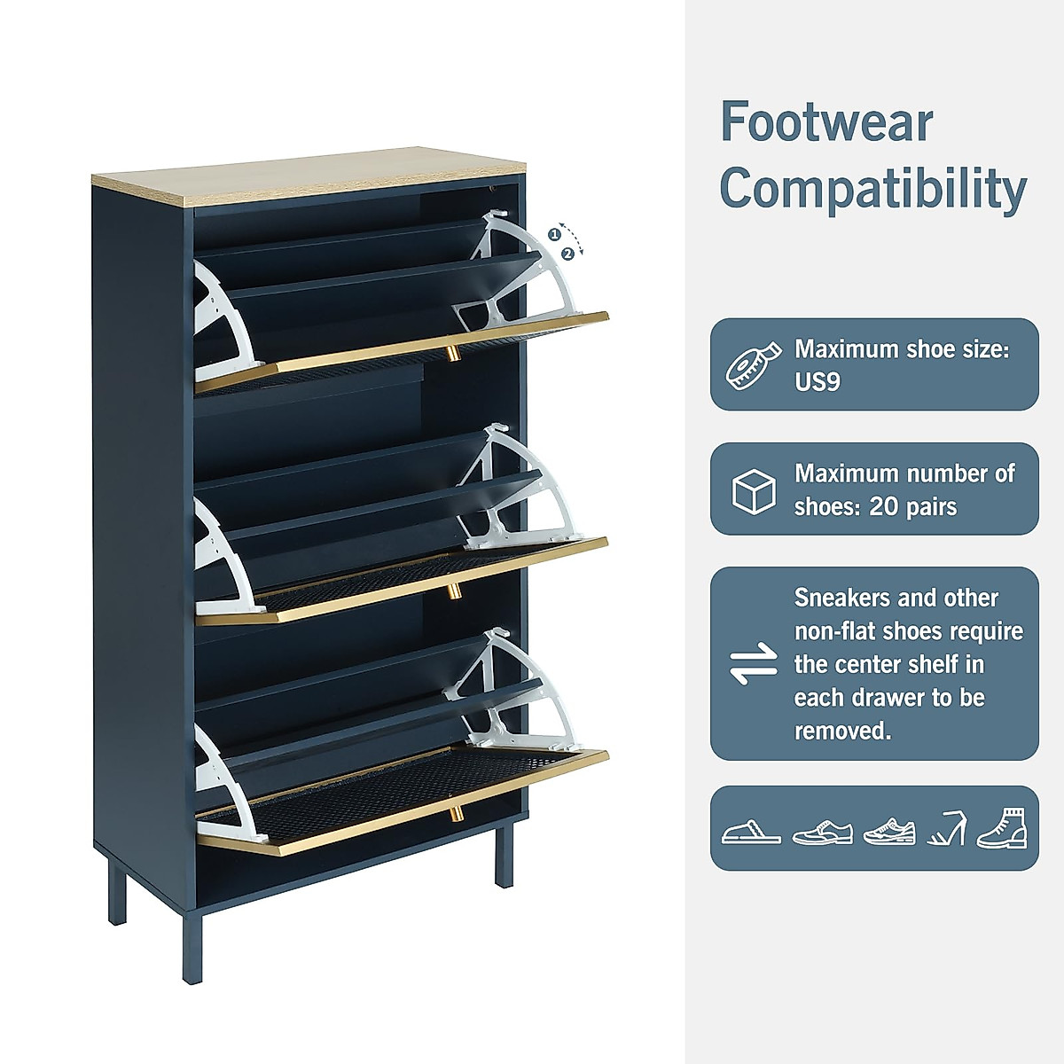 mixtavie Metal Rattan Shoe Cabinet with 3 Flip Drawers, 3-Tier, Free Standing, Hidden Shoe Storage for Entryway and Living Room, Blue (Set of 1)