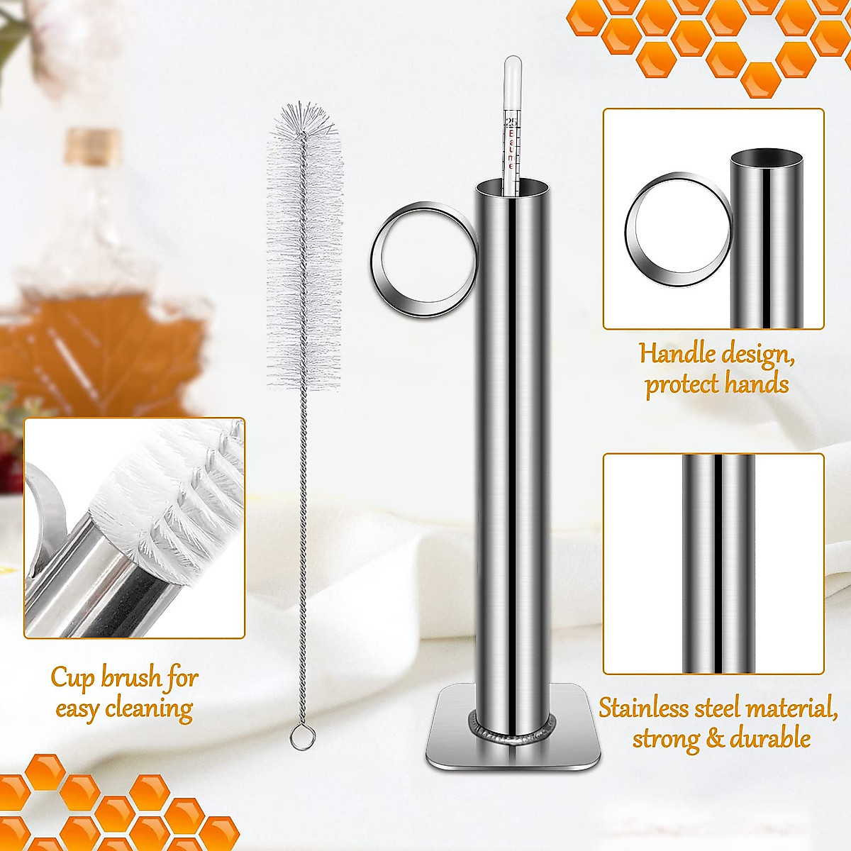 JUYRLE Maple Syrup Hydrometer Kit - Stainless Steel Test Cup, Baume and Brix Scale, Cleaning Brush, Maple Syrup Density Kit for Accurate Measurements of Sugar Content and Quality