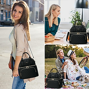 AIJIEKE Lunch Bag for Men Women, Dual Compartment Lunch Box Insulated Lunch Bags, Large Adult Double Deck Leak Proof Lunch Tote Cooler with Adjustable Shoulder Strap for Work Picnic Beach, Black