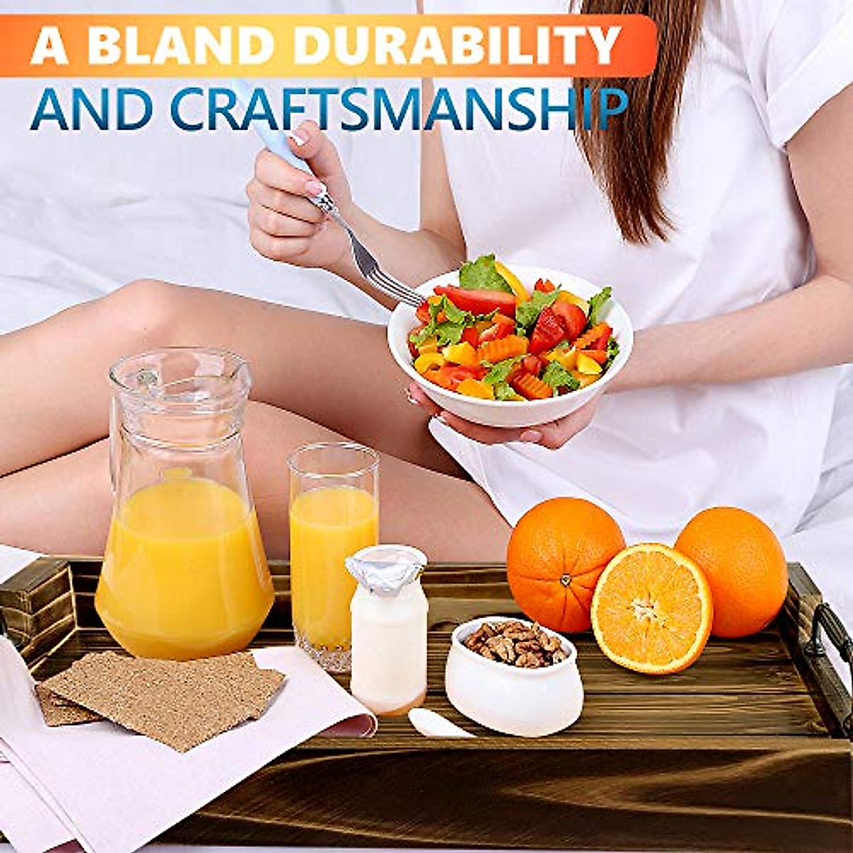 Decorative Large Rustic Wooden Tray 19.5”, Black Sleek Metal Handles, Great for Kitchen, Serving Coffee, Wine, Dinning Centerpiece, Breakfast in Bed, Bathtub Accessory, Farmhouse Home Décor (Brown)