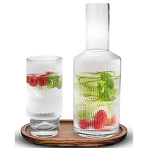 Bedside Water Carafe Set with Glass Drinking Cup and Acacia Wood Tray for Nightstand - Large 27 ounce Capacity Makes Staying Hydrated Easy