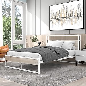 Bellemave Full Metal Bed Frame with Wooden Headboard and USB Ports Full Size Platform Bed 2-Tier Storage Headboard and Charging Station, Noise-Free, No Box Spring Needed, White